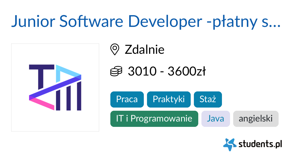 Junior Software Developer -płatny staż (zdalnie) w TDCM.io, Zdalnie - Oferty