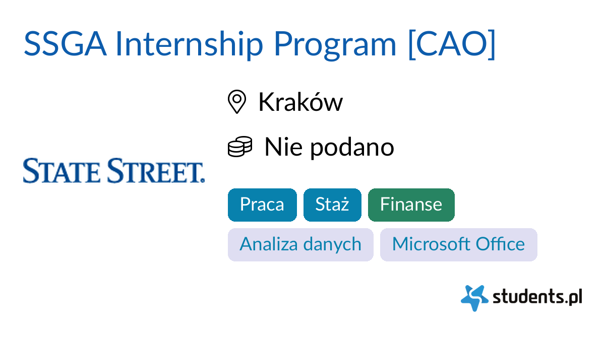 SSGA Internship Program [CAO] w State Street, Kraków - Oferty