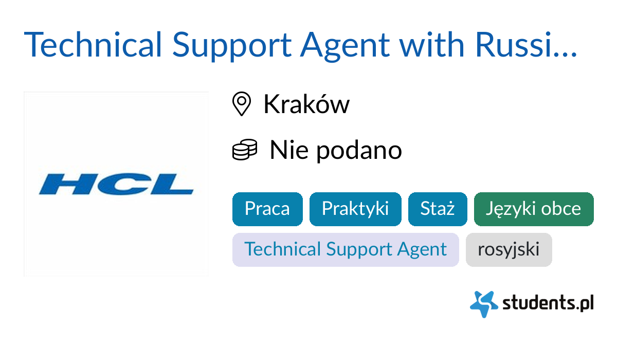 Technical Support Agent with Russian & English w HCL Poland, Kraków ...